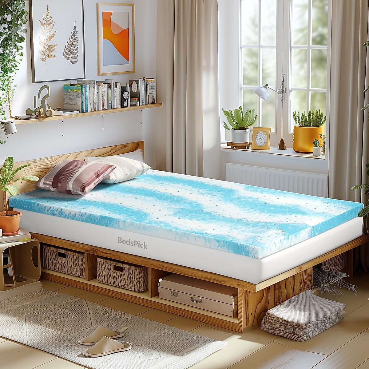 BedsPick 2 Inch Queen Memory Foam Mattress Topper, Gel Infused Ventilated Soft Foam Mattress Pad Queen Bed Toppers for Back Pain, CertiPUR-US Certified