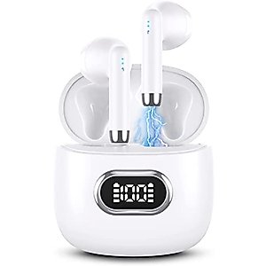Wireless Earbuds for Amazon Fire 7 (2022) Bluetooth 5.3 Headphones with LED Display Charging Case, Waterproof IPX7 Hands-Free Headset with Mic, Hi-Fi Stereo Sound, Touch Control - White