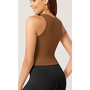 ODODOS 3-Pack Seamless Tank for Women Rib-knit Soft Sleeveless High Neck Tank Tops, Waist Length, Brunette+Clay+Mushroom, X-Small/Small