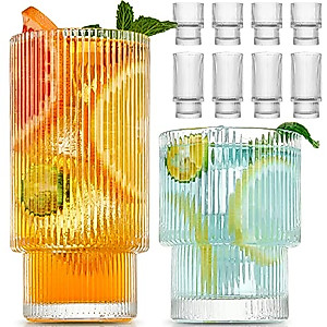 Gencywe 8 Pack Drinking Glasses, 4pcs Highball Glasses (11oz) & 4pcs Rocks Glasses (6oz), Vintage Glass Cups, Elegant Ribbed Glassware, Iced Coffee Glasses, Glass Tumbler for Cocktail, Whiskey, Juice