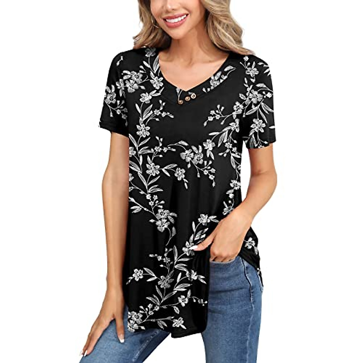 Netsmile Women's Summer Casual Short Sleeve Tunic Tops V-Neck Button Loose Blouse T-Shirts for Leggings, XL, White Carvings Black