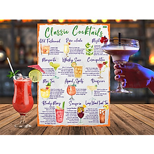 Classic Cocktails Recipes Magnetic Chart A4 format - Kitchen Pub Wall And Fridge Decor Stylish Colourful Informative Magnet Milliliters and Ounces Measurement Units
