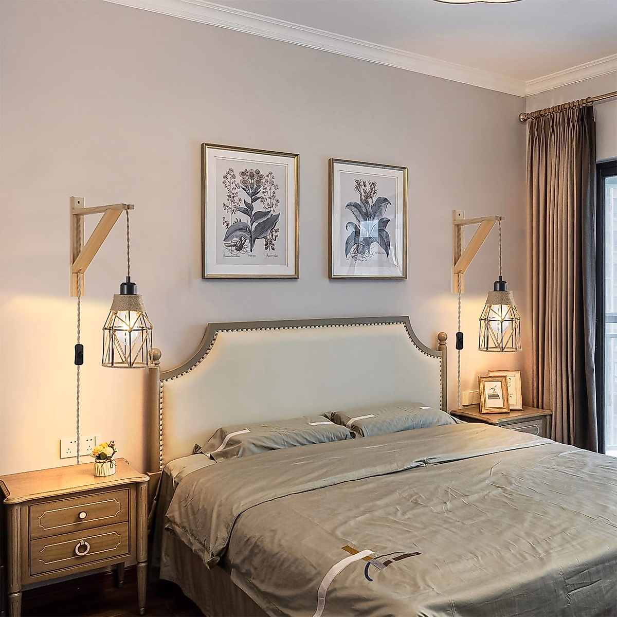 MUEOF Industrial Plug in Wall Sconce Set of 2, with 8.2ft Hemp Rope Cord, On/Off Switch,Farmhouse Wall Light with Metal Shade and Wood Bracket for Bedroom Living Room.