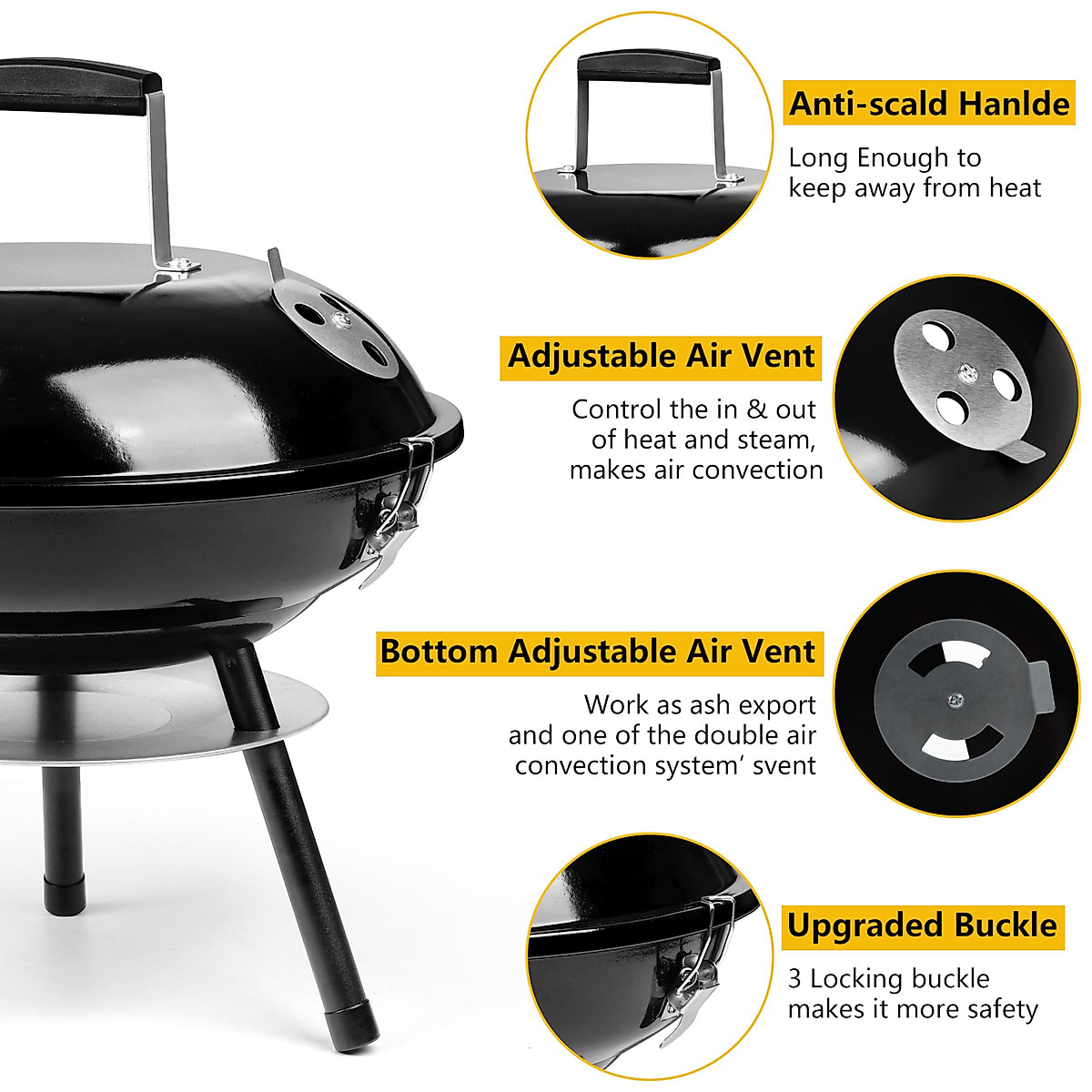 14Inch Portable Outdoor Charcoal Grill, Leonyo Small Tabletop BBQ Charcoal Grill Enamel Coated for Backyard Cooking, Camping, Picnics, Garden, Beach, Black
