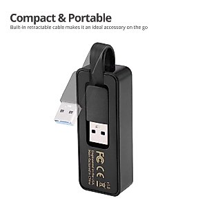 SIIG Foldable USB 3.0 to Ethernet Adapter, 10/100/1000 Mbps Gigabit Ethernet LAN RJ45, Supports Windows 10/8/7, Mac OS X 10.16 to 10.6 - Black (LB-US0714-S1)