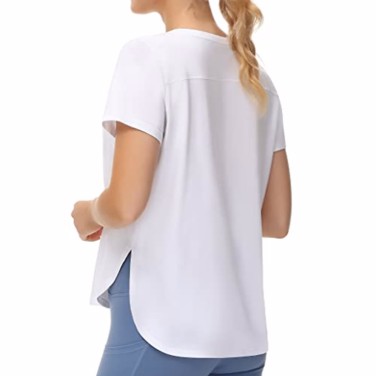 THE GYM PEOPLE Women's Workout T-Shirts Loose Fit Short Sleeve Cotton Running Basic Tee Tops with Split Hem White