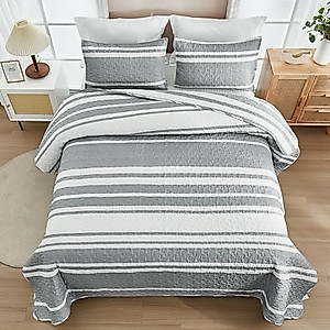 Andency California King Quilt Set Grey White (112x104 Inch), 3 Pieces (1 Cal King Patchwork Striped Printed Quilt and 2 Pillowcases), Soft Lightweight Reversible Microfiber Bedspread Coverlet Bedding