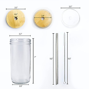 [Pack of 4] Mason Jar Glass Cups With Lids And Straws 24 Oz, Smoothie Boba cup With Bamboo Lids, Reusable Glass Iced Coffee Cups, Wide Mouth Bubble Tea Cup, Leak Proof Glass tumbler Drinking