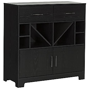 South Shore Vietti Bar Cabinet with Liquor and Wine Bottle Storage with Drawers, Black Oak with Metal Handles