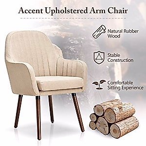 Giantex Set of 2 Fabric Dining Chairs, Accent Upholstered Arm Chair w/Wood Legs, Thick Sponge Seat, Non-Slipping Pad, Modern Leisure Chair for Dining Room, Living Room, Bedroom (2, Beige)
