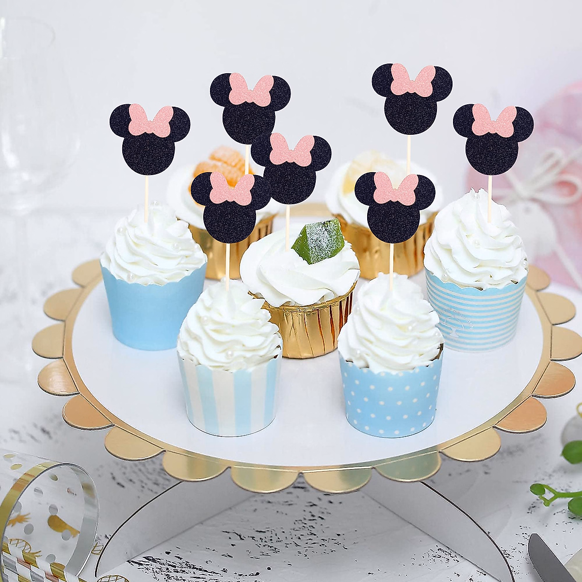 24 PCS Black and Pink Mouse Inspired Cupcake Toppers with Bow Glitter Mini Cupcake Picks Baby Shower Wedding Kids Birthday Party Cake Decorations Supplies