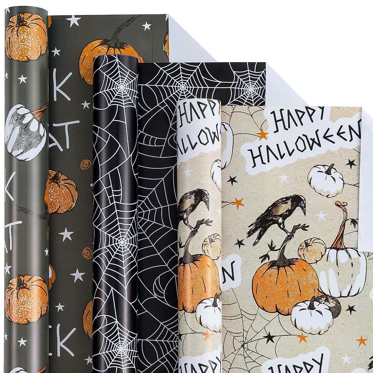 LeZakaa Halloween Wrapping Paper Roll - Mini Roll - Spooky Design with Pumpkins, Ravens, Spider Webs for Gift Wrap, DIY Craft - 17 x 120 inches - 3 Rolls (42.5 sq.ft.ttl.)