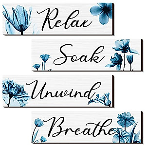 Maitys 4 Pieces Bathroom Wall Art Decor Relax Soak Unwind Breathe Elegant Tulip Rustic Farmhouse Bathroom Wood Hanging Sign Bathroom Wooden Wall Plaque for Home (Blue)