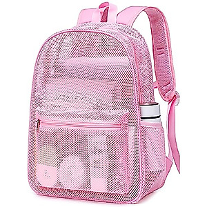 LEDAOU Mesh Backpack for Kids Girls Semi-Transparent Mesh School Backpack Bookbag Lightweight Casual Daypacks for Beach Gym(Pink)