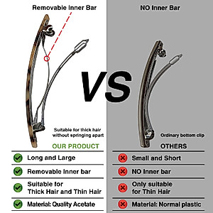 HYFEEL Long French Barrettes for Women Simple Classic Acrylic Resin Hair Clips Tortoise Shell Skinny Large 4 inch No-slip Grip Automatic Clasp Clamp For Thick Hair, 3 Pack