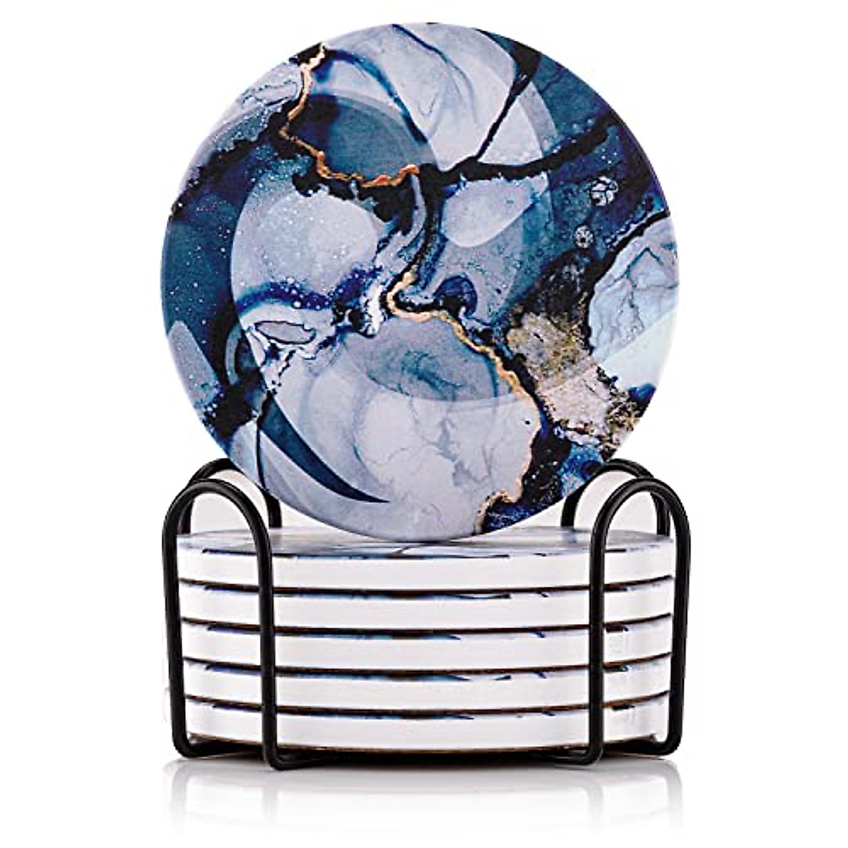 Vanilz Coasters for Drinks Absorbent - Coaster Set with Holder - 6 Pcs - Cup Coasters with Holder - Ceramic Coasters for Wooden Table - Blue Coasters - Coasters for Coffee Table (Ocean Blue)