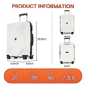 GinzaTravel Rune series expandable 2 Luggage Sets,Lightweight Hardside Suitcase With Spinner Wheels TSA Lock,PP material business fashion suitcase (White, 2-Piece Set(20"/28"))