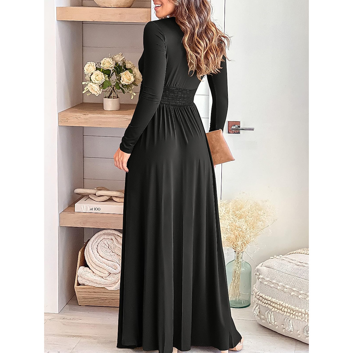 ANRABESS Women Deep V Neck Long Sleeve Slit 2024 Fall Elegant Formal Wedding Guest Cocktail Evening Date Prom Maxi Long Dress Black Small