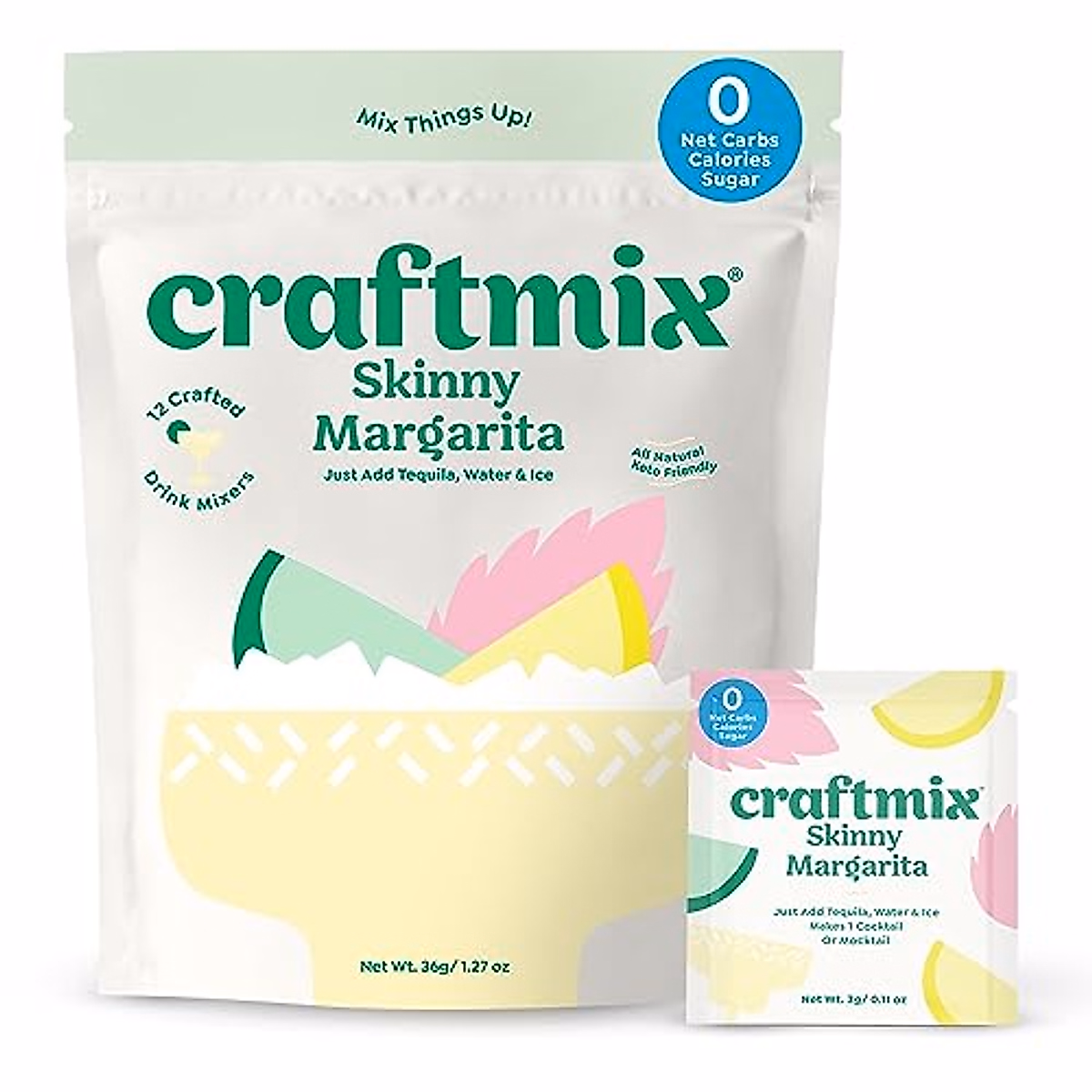 Craftmix Skinny Margarita Cocktail Mixers - Makes 12 Drinks - Zero Sugar, Zero Net Carbs, Zero Calories Mocktail Drink Mixers - Real Fruit - Vegan, Non-GMO, Dairy Free, Gluten Free