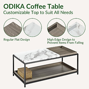 ODIKA Convertible Entertaining Coffee Table - Faux Marble Coffee Table with 2 Removable Trays, 47 Living Room Table, Modern Coffee Table for Living Room, Coffee Table with Storage Furniture, Walnut