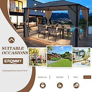 EROMMY 10' x 12' Gazebo Single Polycarbonate Roof Canopy Outdoor Aluminum Frame Permanent Pergolas with Netting and Curtains for Patio Backyard Garden Lawns Parties