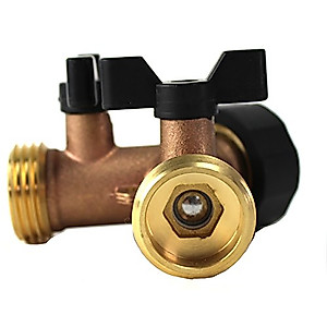 Kasian House Heavy Duty Brass Garden Hose Splitter, Y Valve, 2 Way Connector for Outdoor Faucet, Outside Water Bib Spigot Adapter, Large Comfort Grip Handles, 2 Extra Rubber Washers