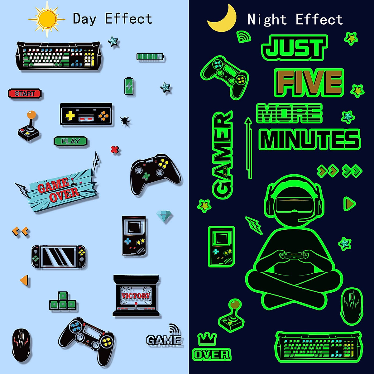 Glow in The Dark Game Wall Decal Video Game Room Decor Gaming Decals for Boys Room Wall Stickers for Kids Bedroom Sticker Home Playroom Decoration