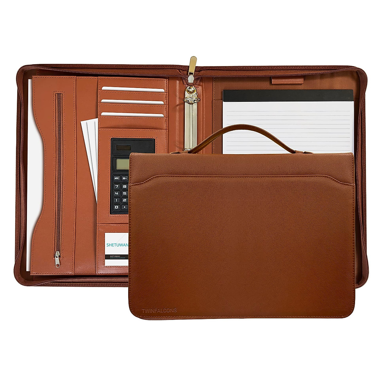 Portfolio Binder Organizer PU Leather Padfolio with 4 Ring Binder & Handle Zipper Padfolio for Documents Resume Tablet Business Cards Notebook Organizer Solar Calculator Included (Brown 4-Ring)