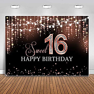 Sensfun Sweet 16 Birthday Party Backdrop Rose Gold Shiny Glitter Dots Diamond Princess Sweet Sixteen Photography Background for Girls Happy 16th Birthday Decorations Banner Photo Booth Backdrops 7x5ft