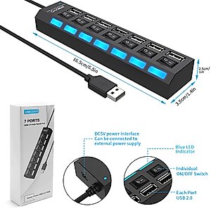 barsone Multi Port USB Hub Splitter, 7-Port USB 2.0 Hub for Laptop, USB Port Expander with On/Off Individual Switch Compatible for All USB Device