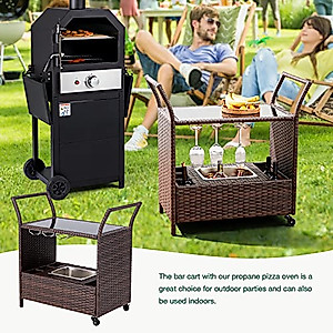Vicluke Outdoor Wicker Bar Cart with Removable Ice Bucket, Rattan Bar Serving Cart with Glass Holder and Wheels, Beverage Cart with Glass Countertop for Pool, Party, Backyard
