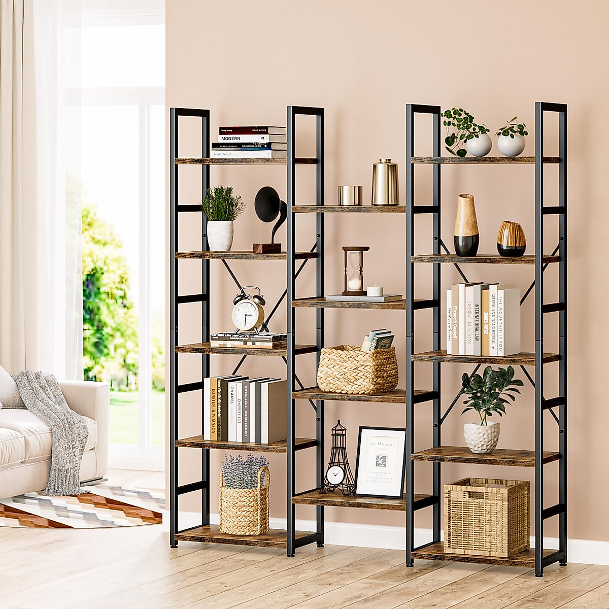 NUMENN Triple Column 5 Tier Bookshelf, Bookcase with 14 Open Display Shelves, Adjustable Rustic Industrial Style Book Shelves, Modern Bookshelves for Bedroom, Living Room and Home Office, Vintage