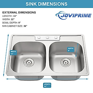 JoviPrime 33 Inch Double Bowl Drop In 50/50 Kitchen Sink Top Mounted 18 Gauge 304 Stainless Steel Sink with Strainer 33" x 22" x 9"