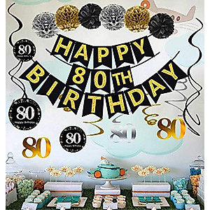 Famoby Black & Gold Glittery Happy 80th Birthday Banner,Poms,Sparkling 80 Hanging Swirls Kit for 80th Birthday Party 80th Anniversary Decorations Supplies