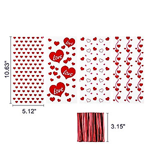 Yoption 160PCS Valentines Heart Clear Cellophane Treat Bags with Twist Ties, Valentine's Day Wedding Party Favor Bags for Candies Cookie Chocolate Snack