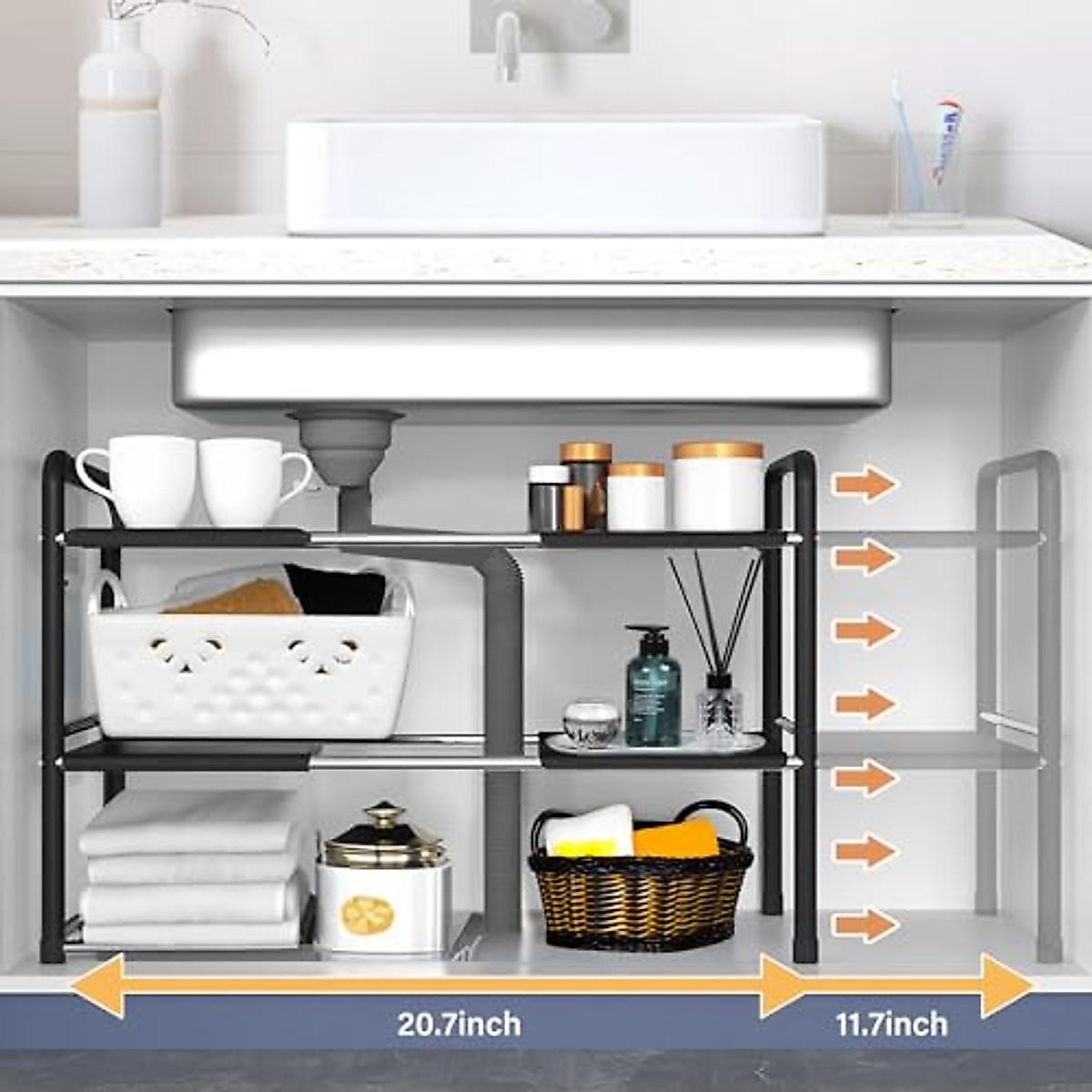 POJORY 2 Piece Expandable Height/Length Under Sink Organizers and Storage, 2 Tier Cabinet Shelf Organizer with 8 Detachable Panels for Under Kitchen Bathroom Sink Organizers and Storage,Black