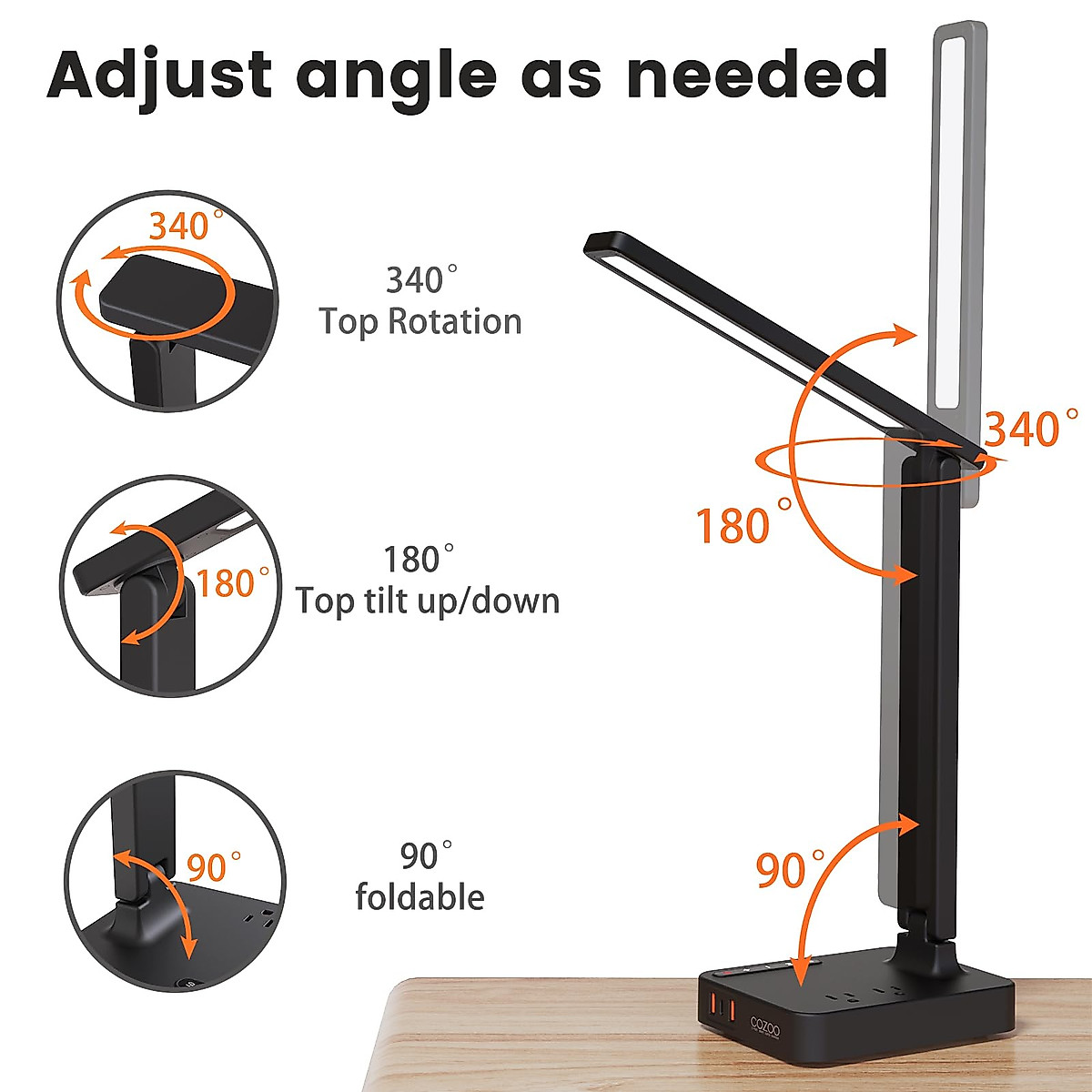Wood LED Desk Lamp with 3 USB Charging Ports and 2 AC Outlets,3 Color Temperatures & 3 Brightness Levels, Touch/Memory/Timer Function,10W Eye Protection Foldable Reading Light,Office Table Lamp Wood