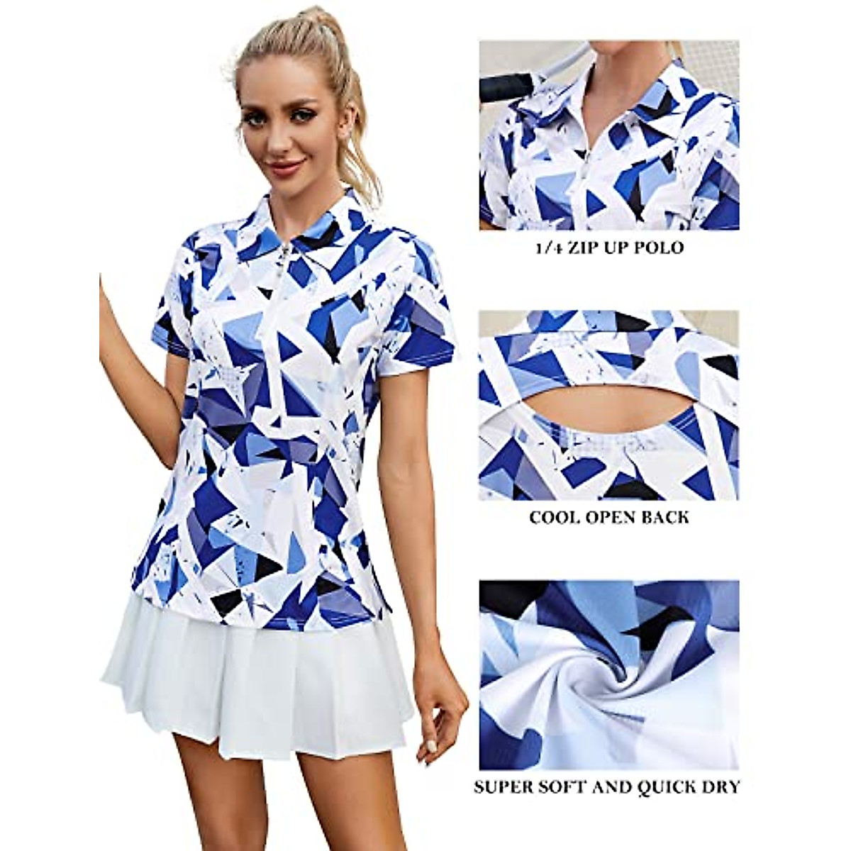 Golf Polo Tops Short Sleeve,Cucuchy Workout Shirts 1/4 Zip Up Fast Dry Stretchy Open Black Sun Protection Athletic Shirts Running Tennis Yoga Hiking Cycling Blue 2XL