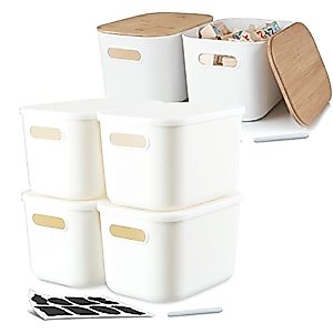 Citylife 6 Packs Plastic Storage Bins with Bamboo Lids White Storage Box with Handle Stackable Containers for Organizing