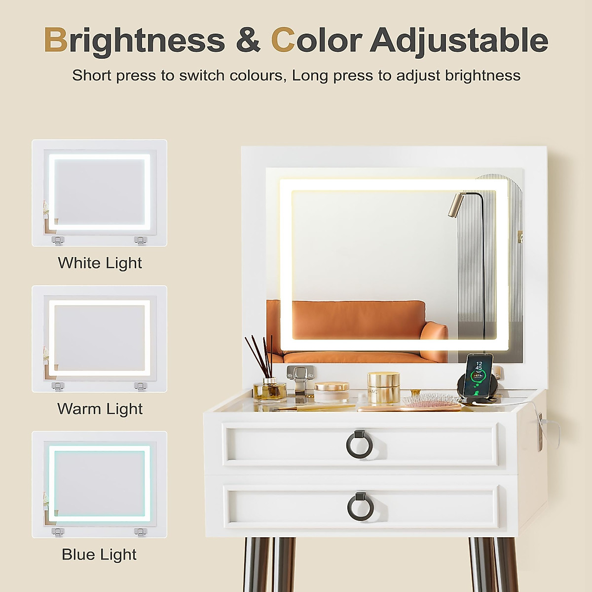 Lvifur Small Vanity Desk with Flip Top Mirror and Lights, Auto Sensor Dressing Table with Charging Station, Farmhouse Makeup Vanity Table with Jewelry Storage Drawer for Bedroom (White)