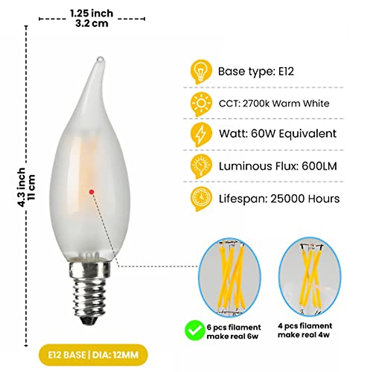 AMDTU E12 60 Watt Equivalent Frosted LED Candelabra Bulb Candle CA10 Chandelier Light Dimmable Small Base, Ideal for Dining Rooms, Living Rooms, and Porch, Long-Lasting Light for Cozy Indoor Settings