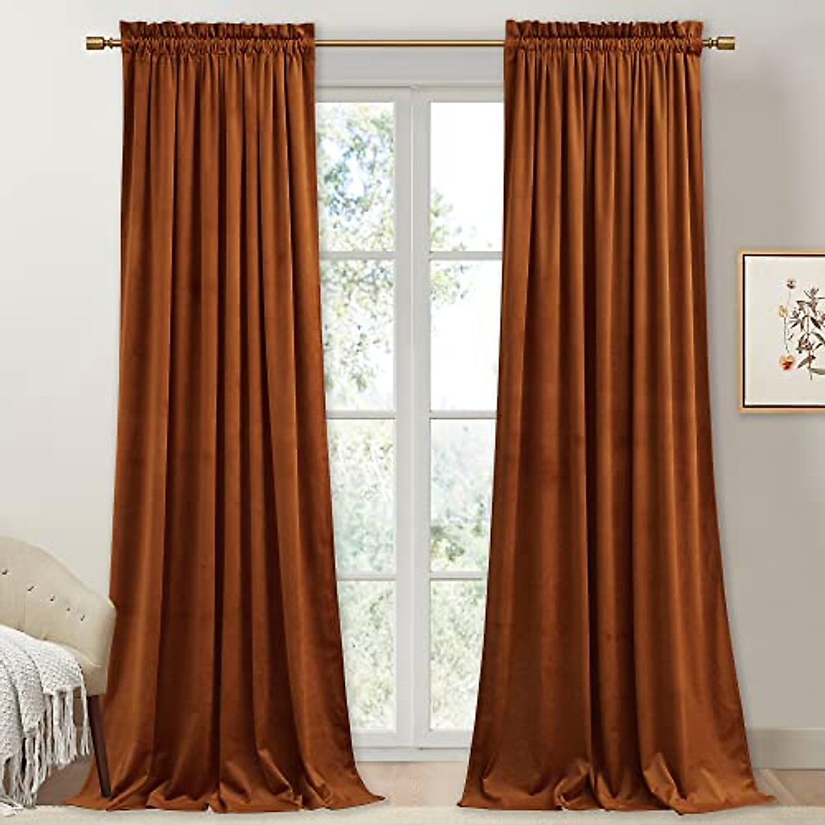 StangH Burnt Orange Velvet Curtains & Pom Pom Blackout Curtains