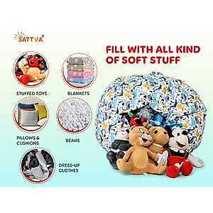 SATTVA Stuffed Animal Storage Bean Bag Chair for Kids, Zipper Storage Bean Bag for Organizing Stuffed Animals, Dinosaur Bean Bag Chair Cover, (No Beans)_White Dino Print