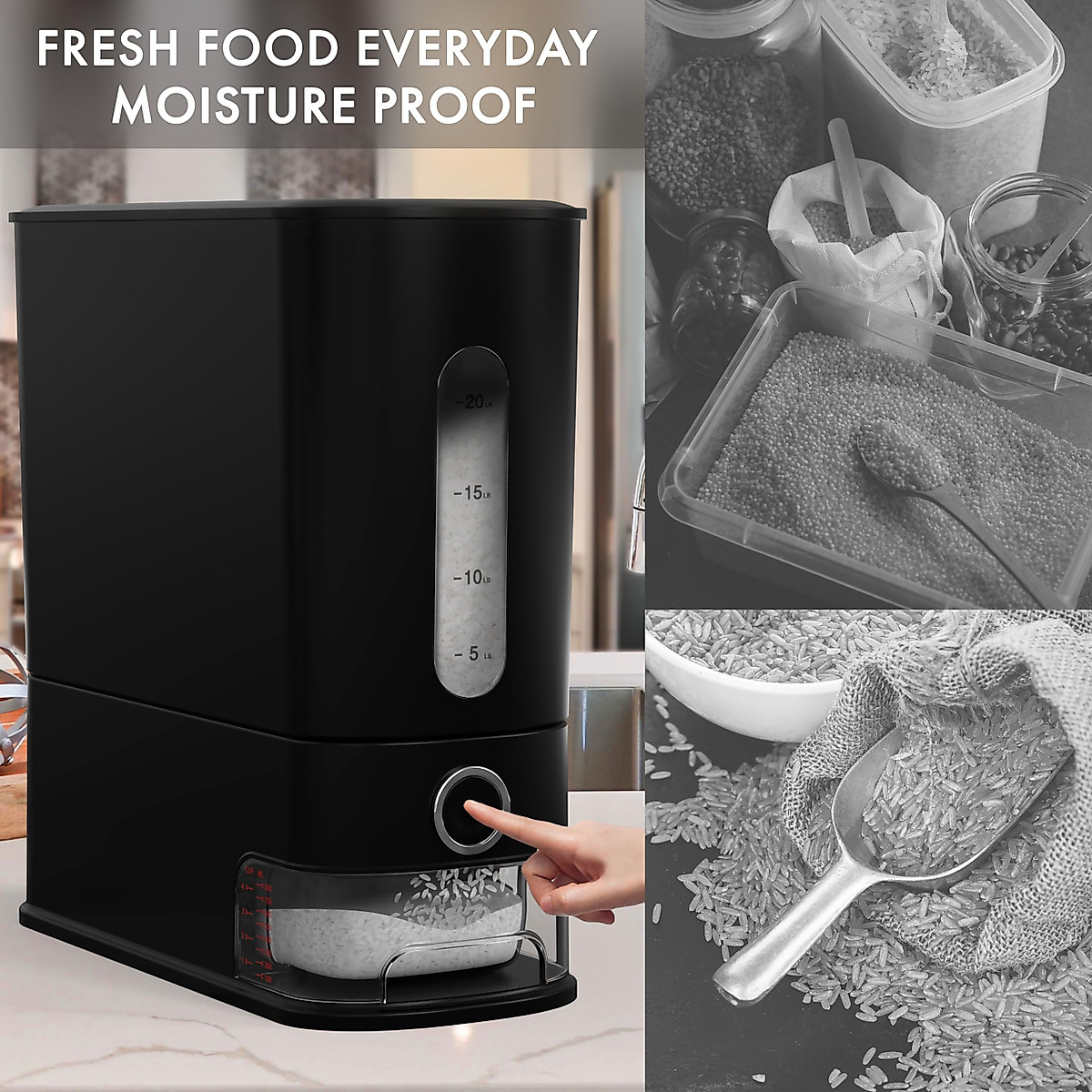 Retail Blade Rice Dispenser - 26.5 lbs Rice Storage Container with Measuring Cup, Rice Scoop & Sponge – Large Cereal Grain Bucket with Scale for Kitchen Pantry Organization, BPA-free, Airtight (Black)