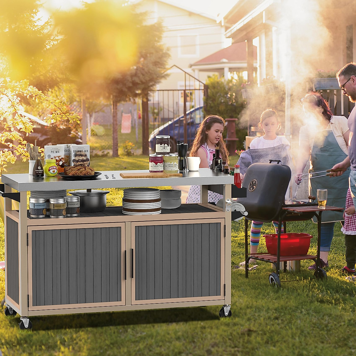 Skyflame Outdoor BBQ Storage Cabinet with Wheels, XL Stainless Steel Tabletop Grill Cart for Food Prep, Portable Kitchen Island Grilling Accessory for Patio, Backyard, Home Party, Bar