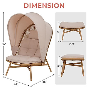 Grand patio Wicker Folding Egg Chair with Ottoman, Open Weave Wicker, 2-Piece Boho Oversize Lounge Chair, Sun Shade for Patio, Garden