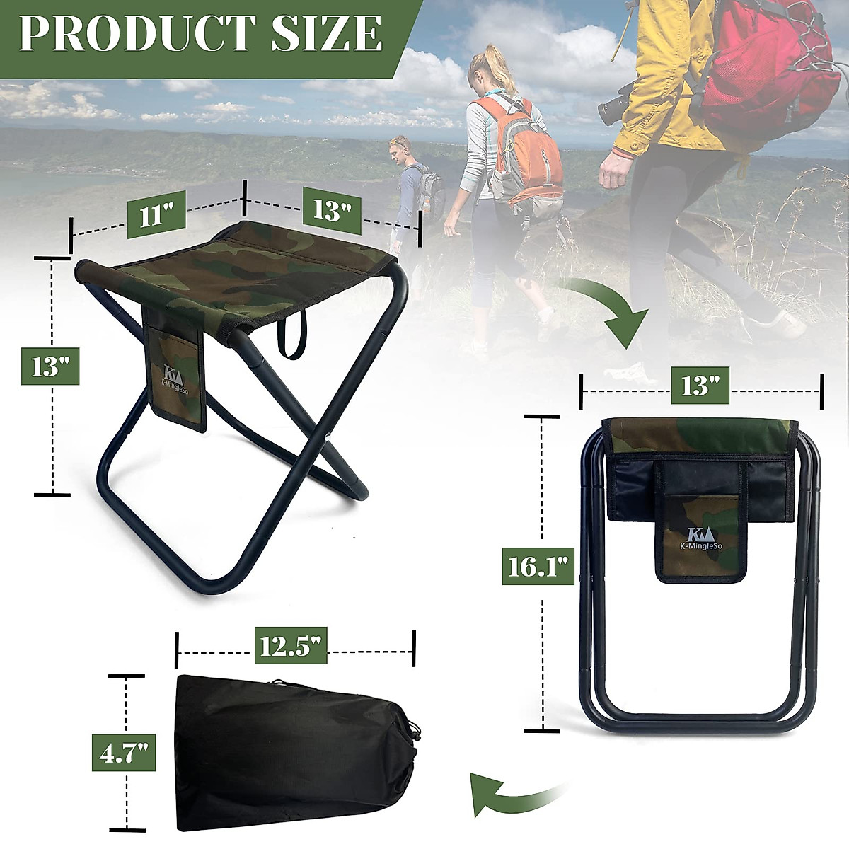 K-MingleSo Upgraded Portable Folding Stool, 13 Inch Camping Stool for Adults Fishing Hiking Gardening and Beach with Carry Bag, Hold Up to 450lbs[Camo]