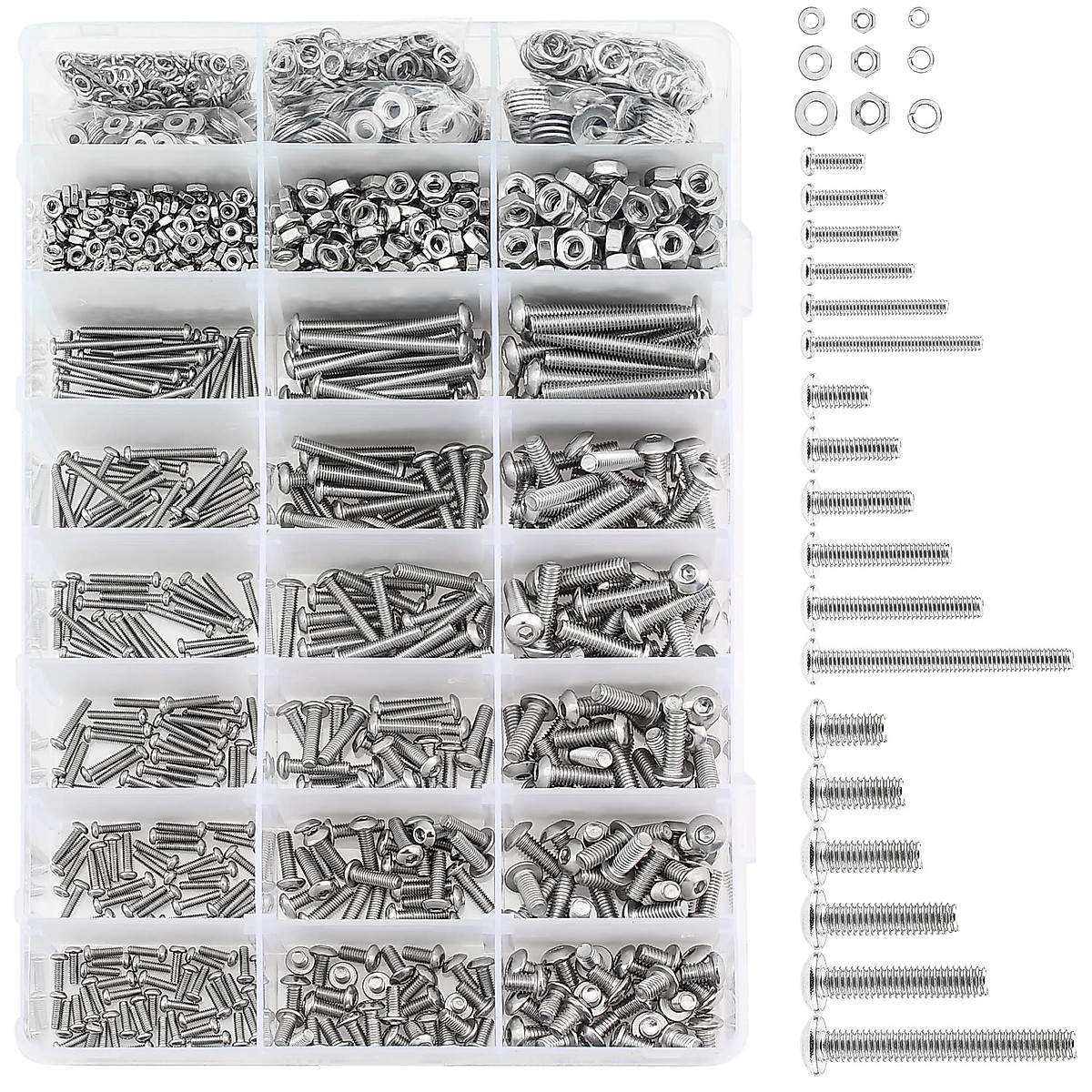 HELIFOUNER 1500 Pieces M2 M3 M4, 304 Stainless Steel Button Head Socket Cap Metric Screws Bolts Washers Nuts Hardware Assortment Kit with Hex Wrenches