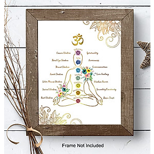 Chakras Meditation Decor - Zen Buddhism Wall Art - Spa Decor, Bedroom, Living Room, Bathroom - Yoga Namaste Poster Print - Gold White Lotus Flower Mandala - Gift for Buddhist, New Age Women