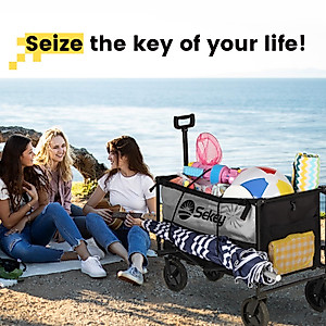 Sekey Collapsible Foldable Wagon with 220lbs Weight Capacity, Heavy Duty Folding Utility Garden Cart with Big All-Terrain Beach Wheels & Drink Holders. Black&Grey